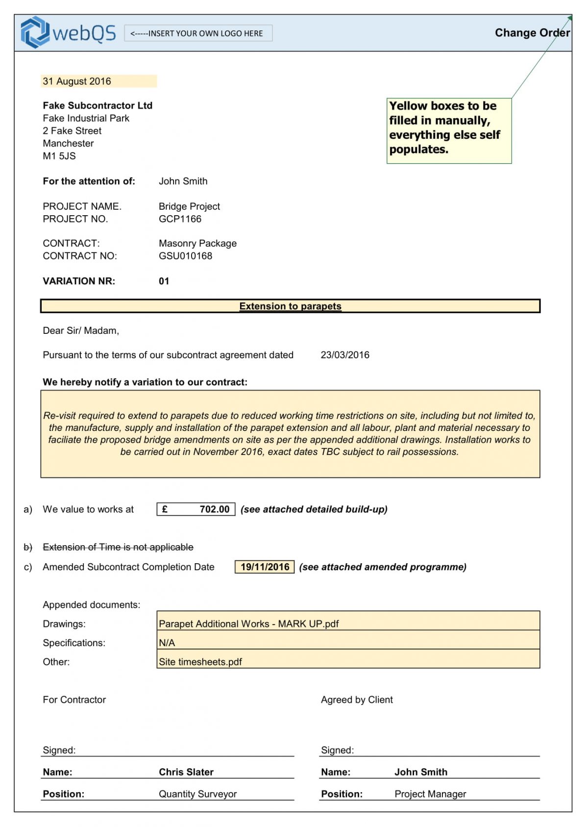 Change Order Form / Change Log Excel Template - webQS